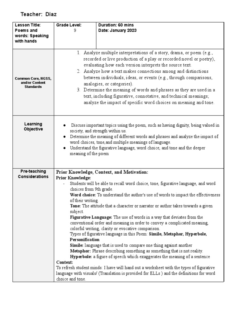 606 Lesson Plan | PDF | Metaphor | Reading Comprehension