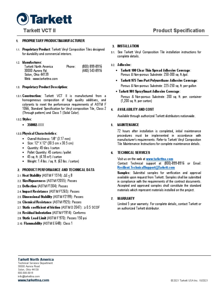 specs TARKETT_VCTII | PDF | Tile | Building Materials