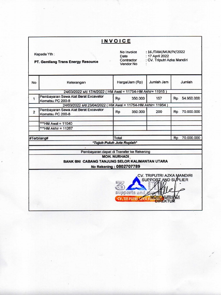 Invoice Sewa Alat Berat Exca | PDF