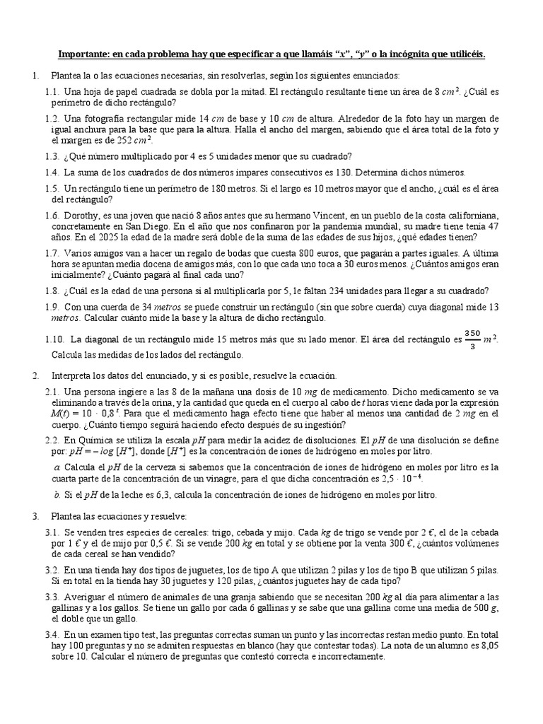 Problemas Ecuaciones Enunciados | PDF | Ph | Concentración