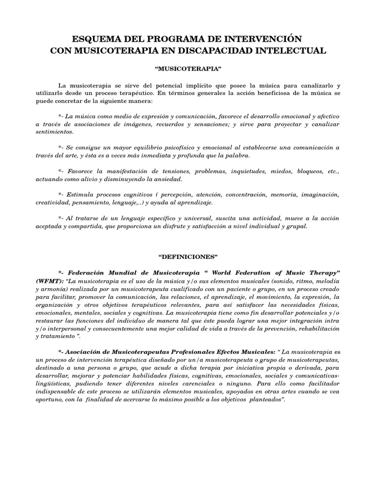 Esquema Programa Musicoterapia Discapacidad Intelectual Asoc Efectos Musicales | PDF | Sicología ...