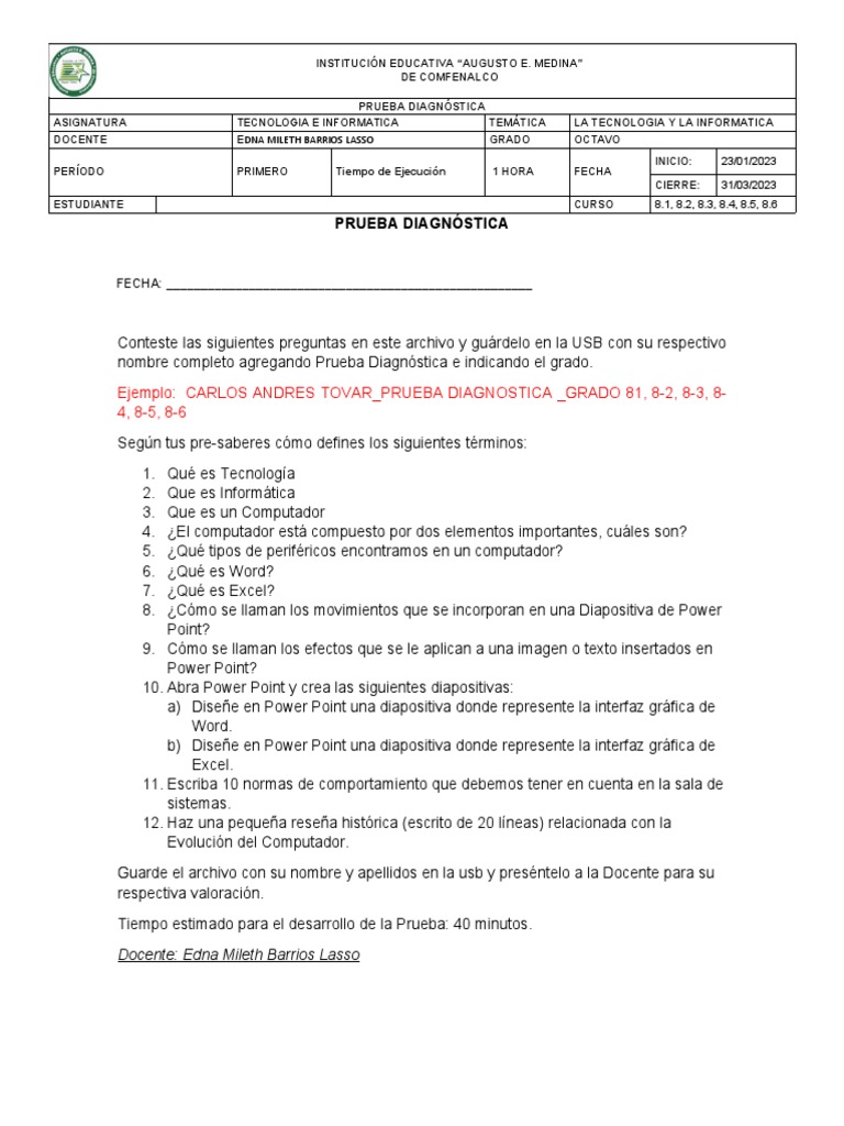 Prueba Diagnóstica - Grado 8 | PDF | Microsoft PowerPoint | Equipo de ...