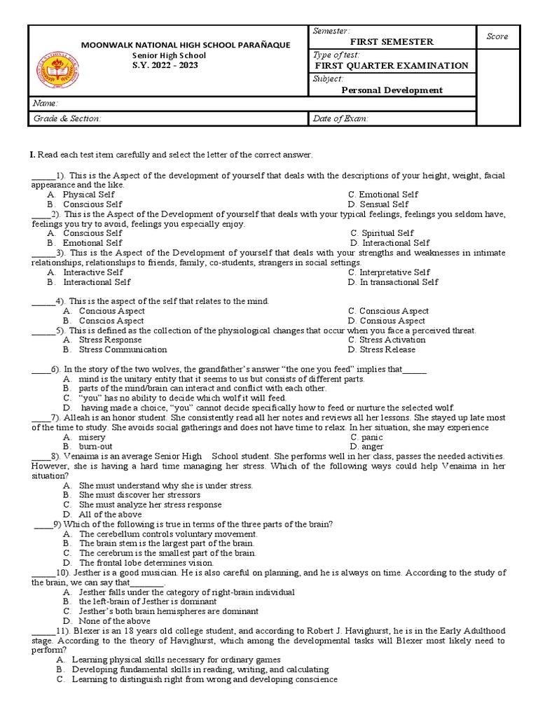 Grade 10 Personal Development Exam | PDF | Developmental Psychology ...