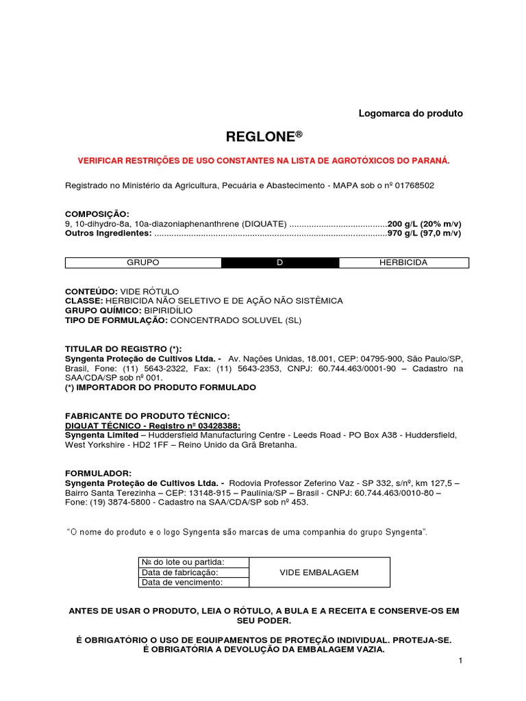 REGLONE | PDF | Embalagem e rotulagem | Agricultura