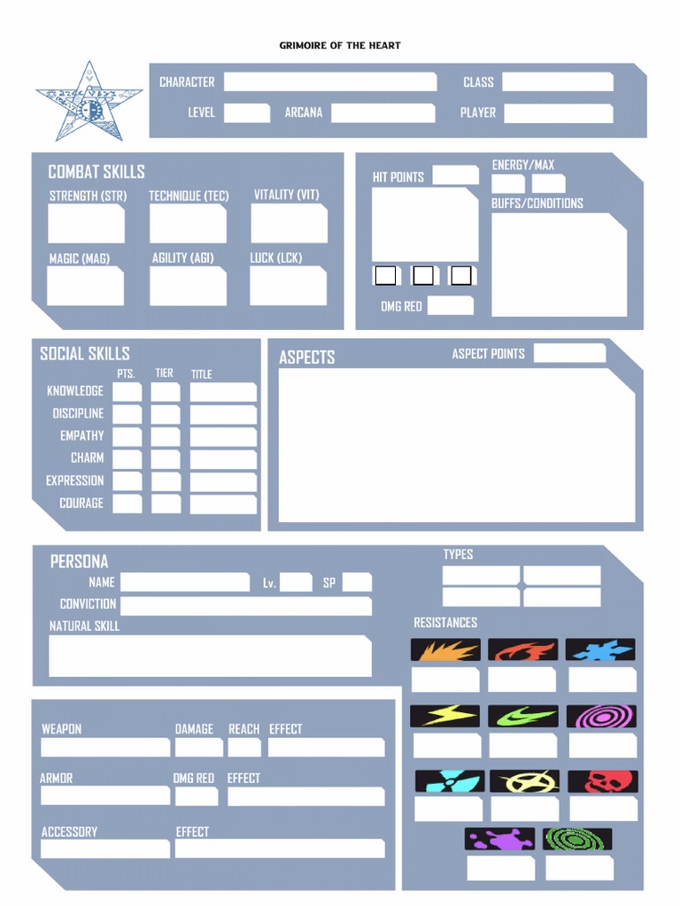 Character Sheet - Fillable (Grimoire of Heart) (Updated by CamBAM (TDZ ...