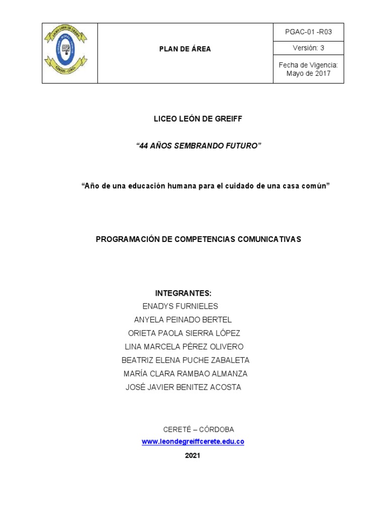 Plan de Area Competencia Comunicativa | PDF | Pensamiento | Aprendizaje