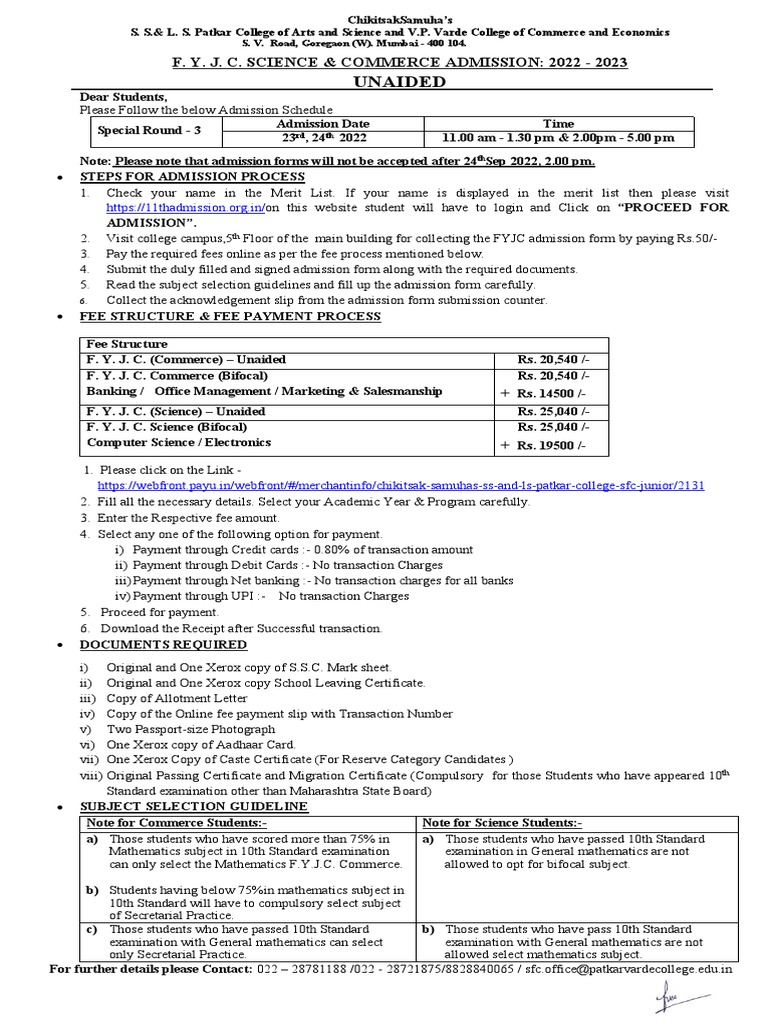 6FYJC Unaided Admission Notice With Fees SP 3 | PDF | Payments | Financial Transaction