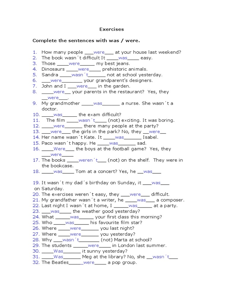 Was Were Exercises. Resolved | PDF