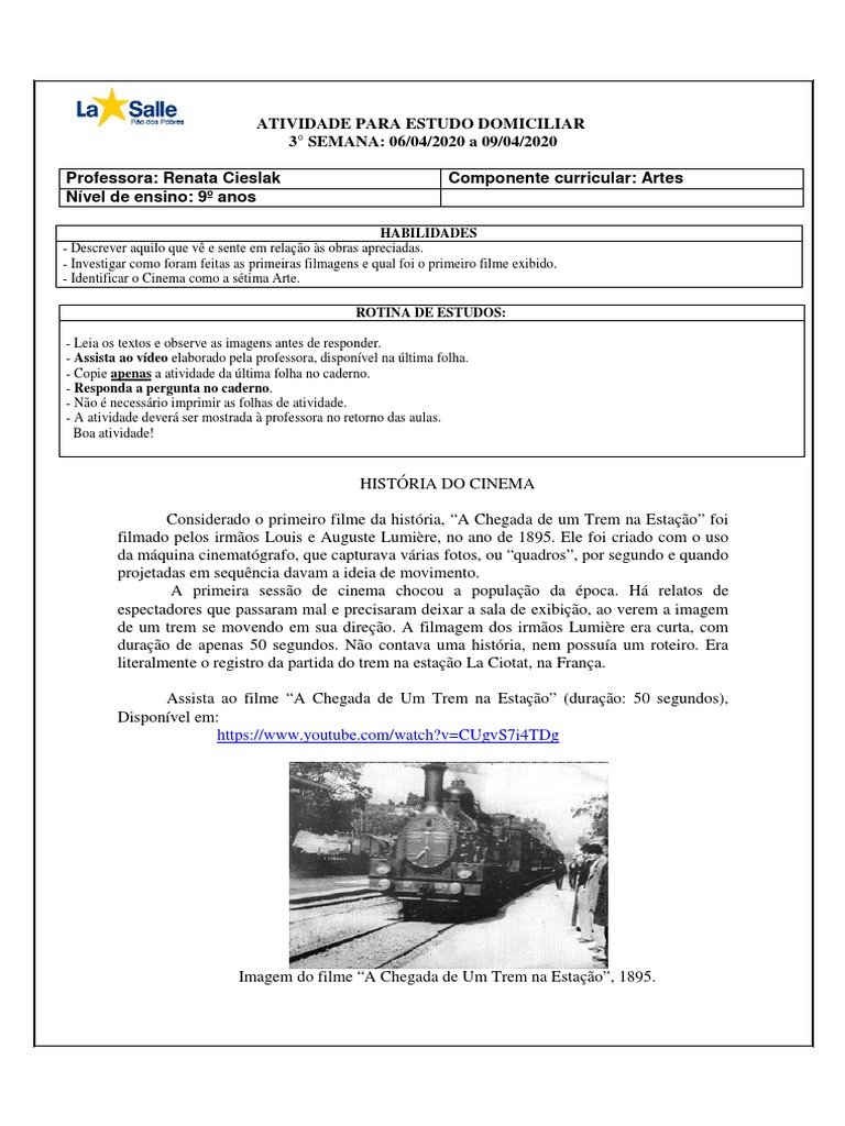 Atividade Sobre Cinema | PDF | Fotografia cinematográfica | Filme mudo