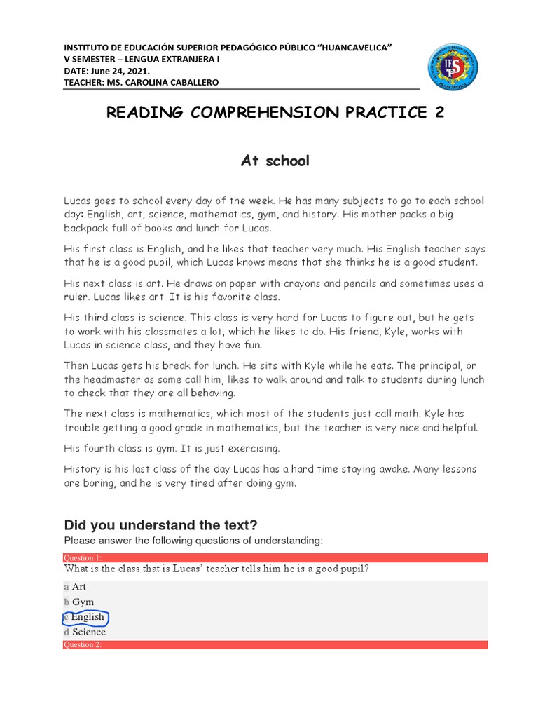 Reading Comprehension: Lucas at School | PDF | Social Science ...