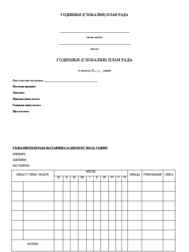 Obrazac Za Godišnji Plan Rada Nastavnika Smernice | PDF