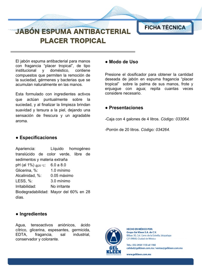 Jabón Espuma Placer Tropical FT.050.0364 | PDF | Química | Sustancias químicas