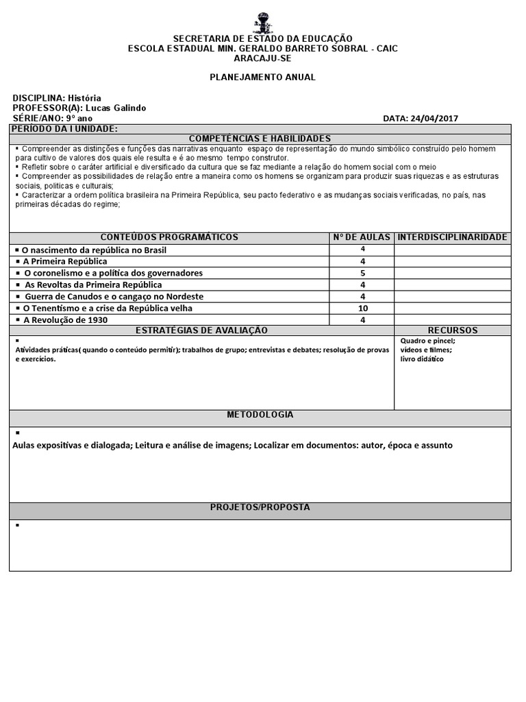 Planejamento de História 9º Ano CAIC - 2017 | PDF | Sociologia | Brasil