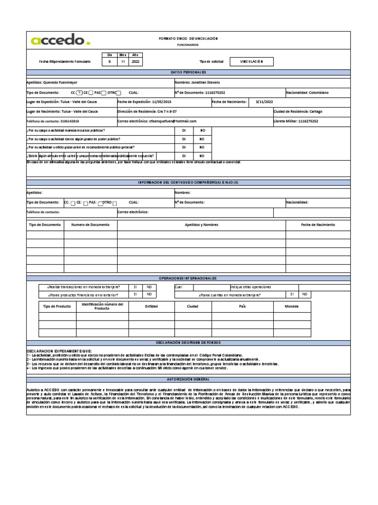 Formato Unico de Vinculacion | PDF Formato Unico de Vinculacion | PDF