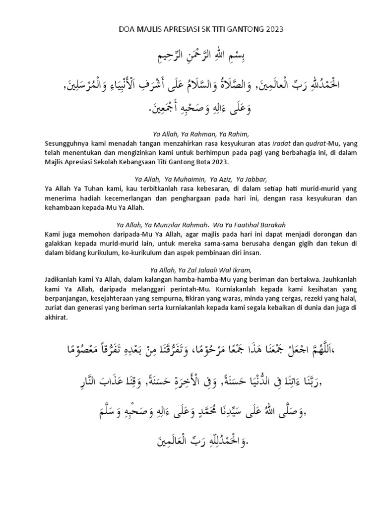 Doa Majlis Apresiasi SKTG 2023 | PDF