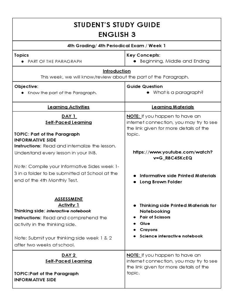 Eng 3 - 4thPE - SSG - wk1 . | PDF | Learning | Teaching