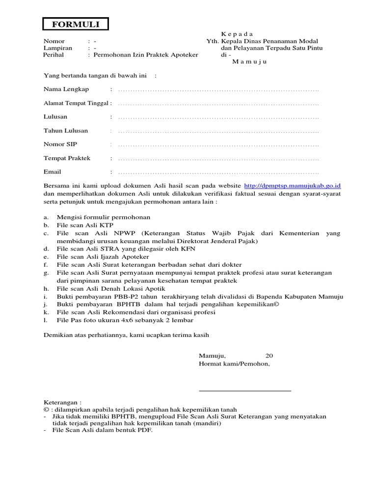 Formulir Izin Praktek Apoteker Sipa 1 | PDF