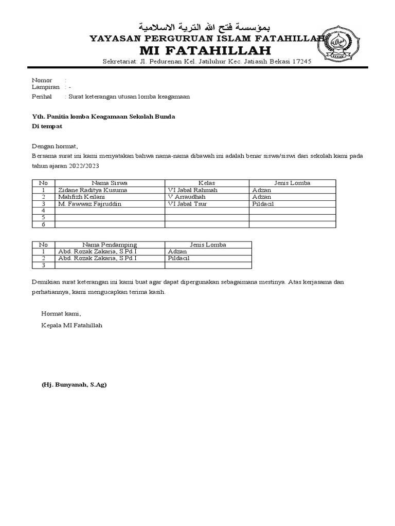 Surat Keterangan Utusan Lomba | PDF