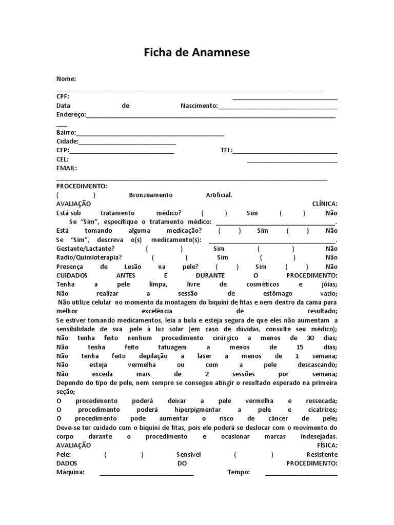 Ficha de Anamnese | PDF | Especialidades médicas | Ciências da Saúde