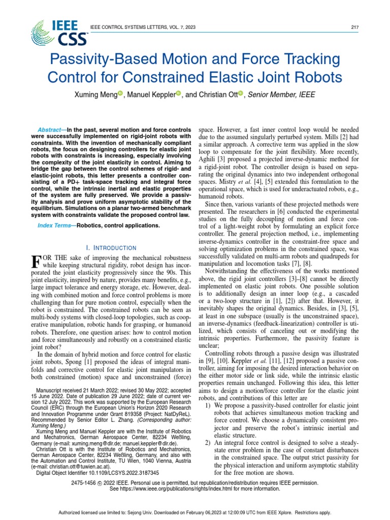 Passivity-Based Motion and Force Tracking Control For Constrained Elastic Joint Robots | PDF ...
