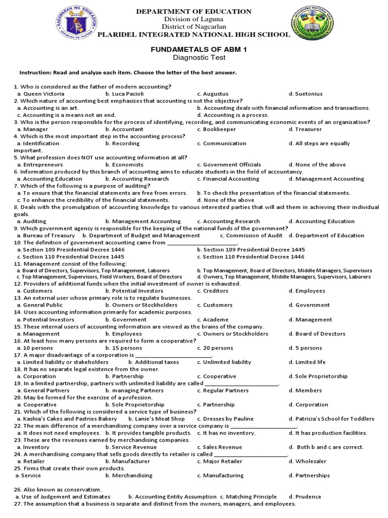 Diagnostic Test FABM 1 | Download Free PDF | Equity (Finance) | Accounting