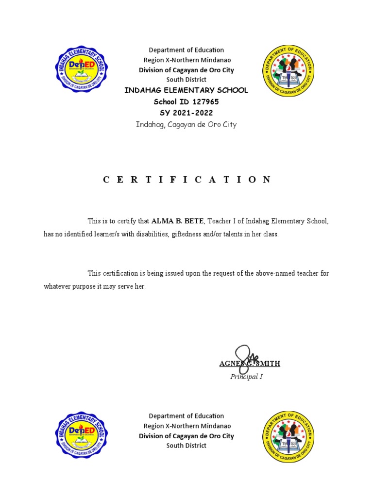 Sample Certification | PDF