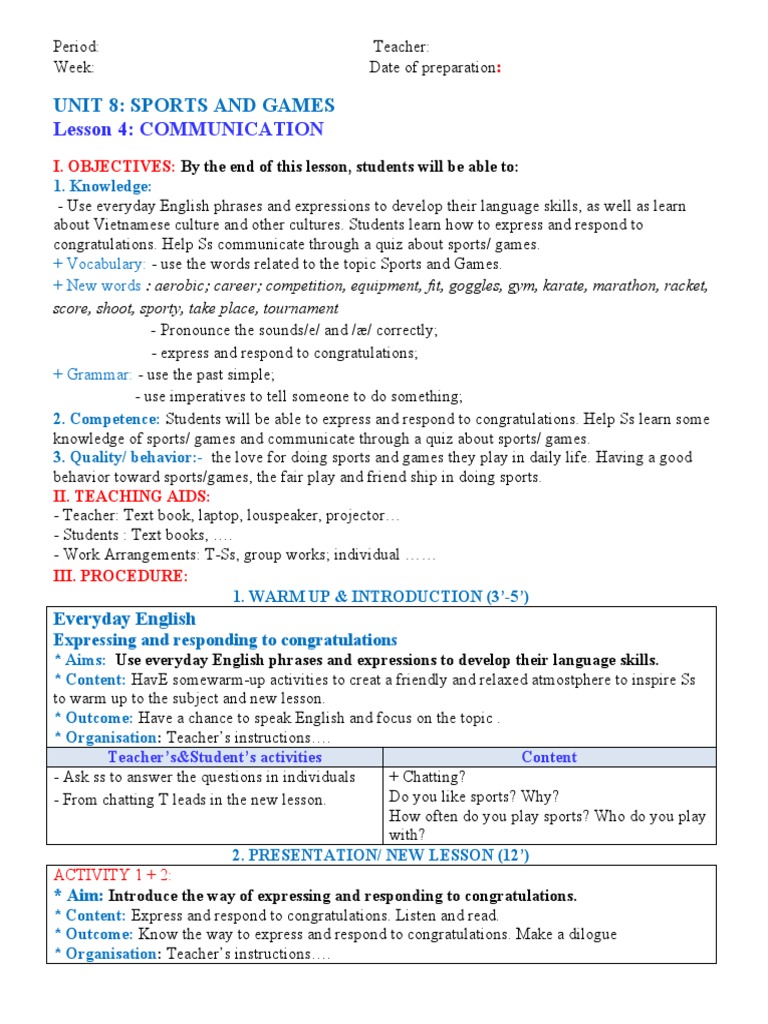Unit 8 Lesson 4: Communication in Sports | PDF | Interview | Sports