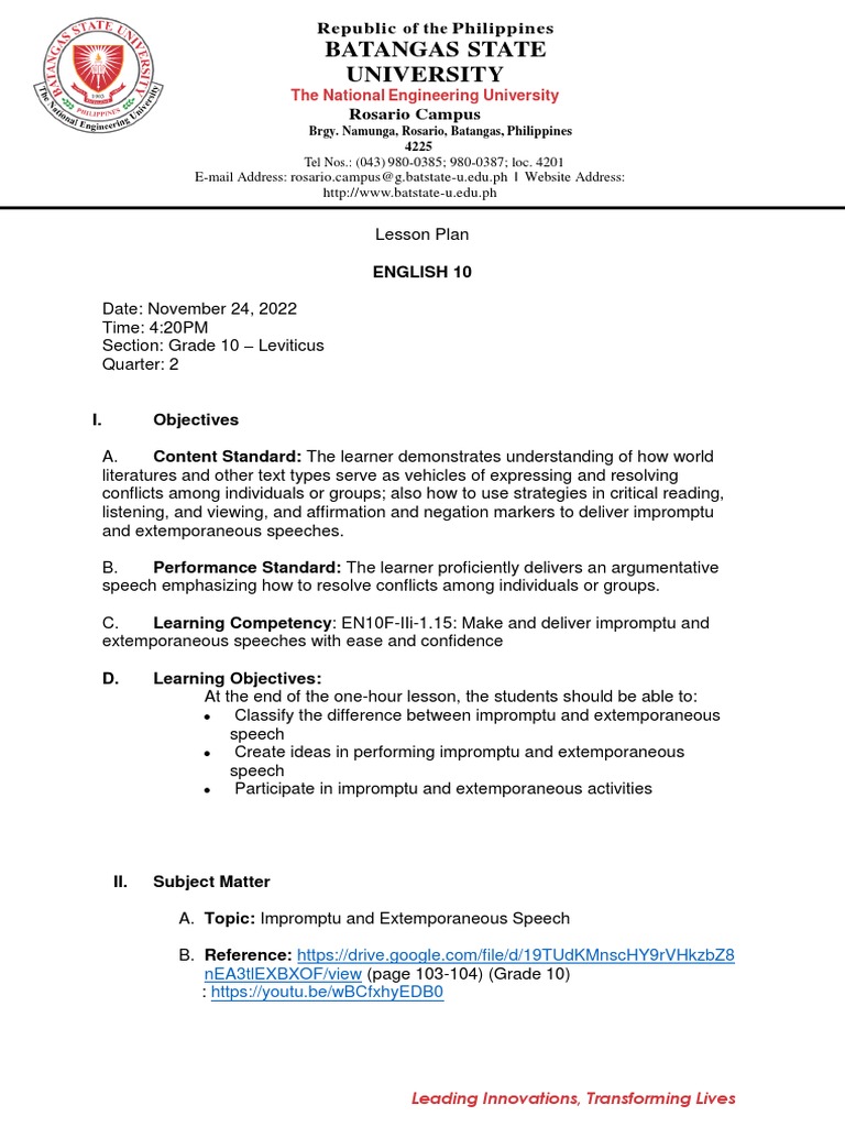 Grade 10 Speech Lesson Plan | PDF | Lesson Plan | Learning