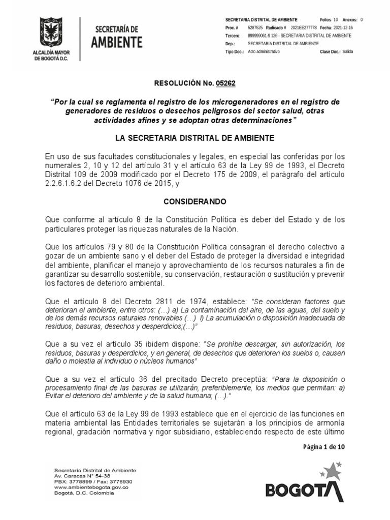 Resolucion 5262 de 2021 Registro Generadores | PDF