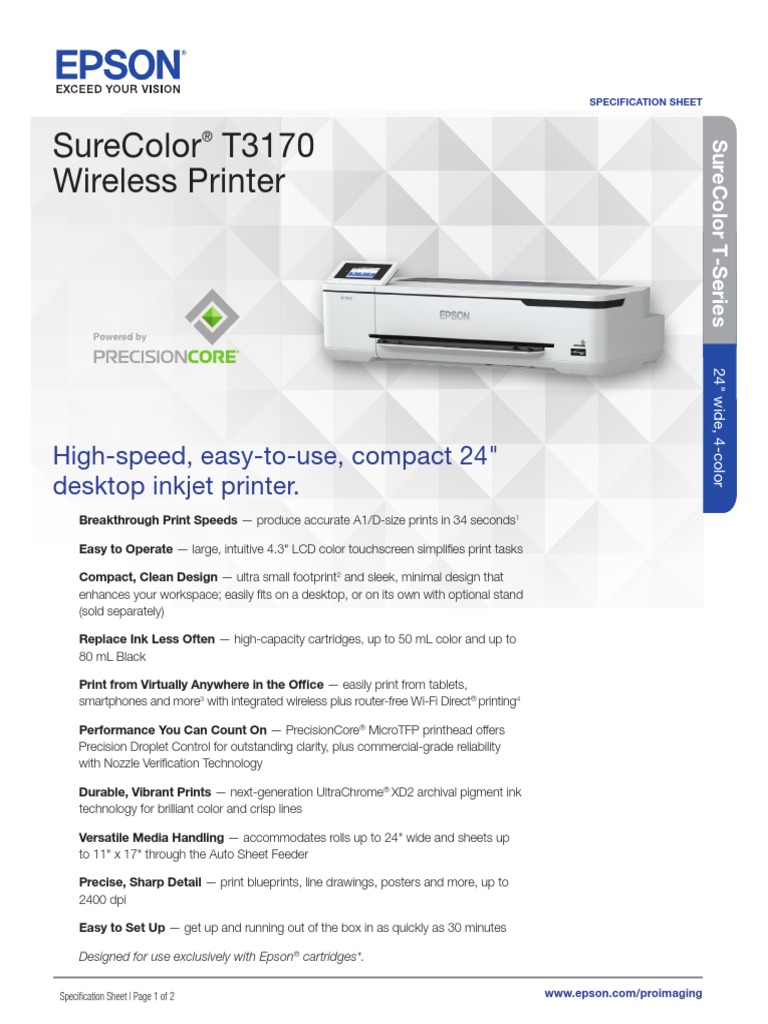SureColor T3170 Printer Specification Sheet CPD-55787 | PDF | Printer (Computing) | Computing