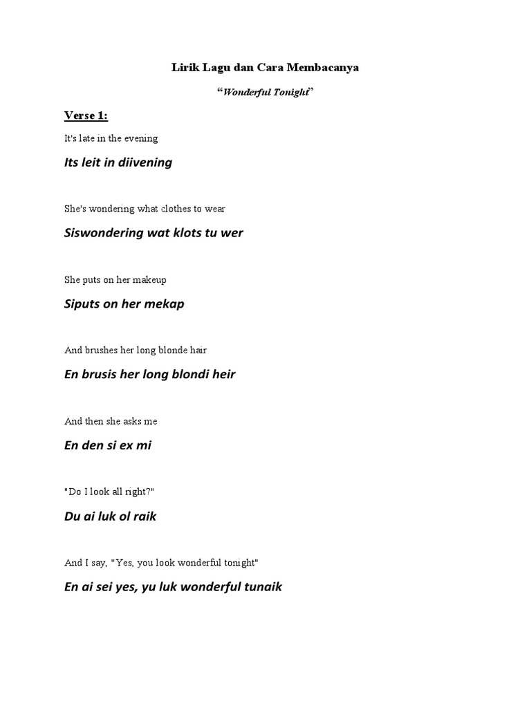Lirik Lagu Dan Cara Membacanya - Wonderful Tonight | PDF | Language ...