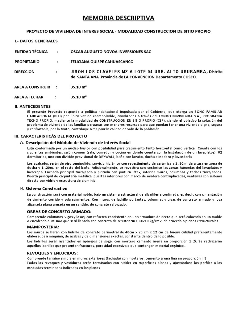 Memoria Descriptiva | PDF | Hormigón | Fundación (Ingeniería)