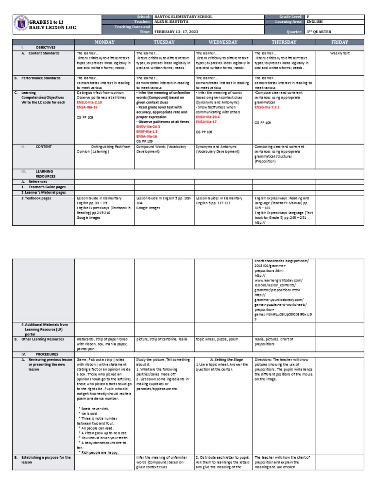 English 5 - Q3 - W1 | PDF | English Language | Learning