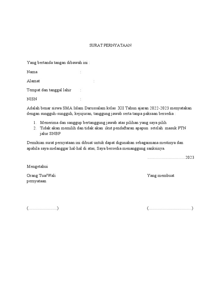 Surat Pernyataan SNBP | PDF