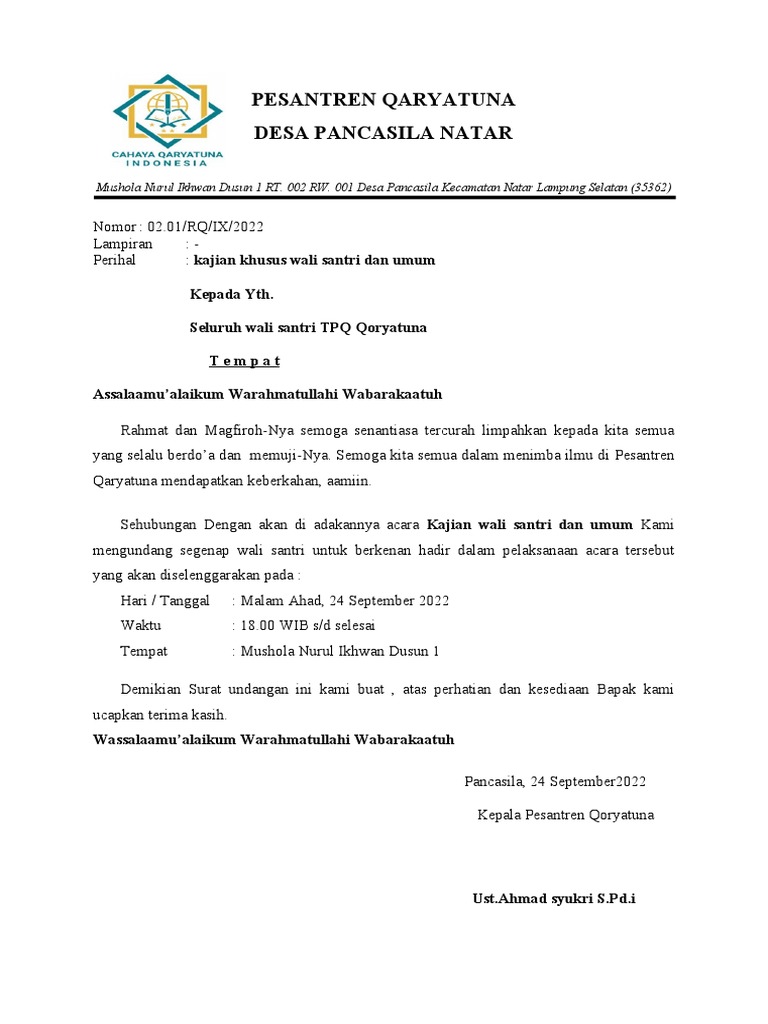 Surat Undangan Kajian Wali Santri New | PDF