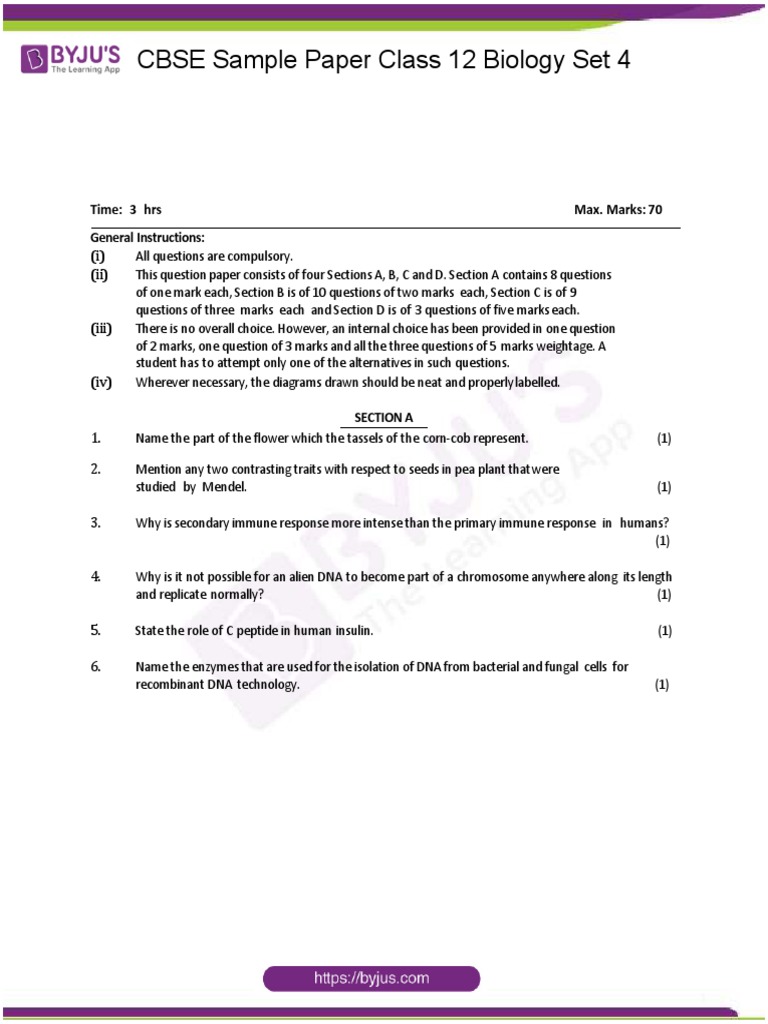 CBSE Sample Paper Class 12 Biology Set 4 | PDF | Plant Breeding | Biology