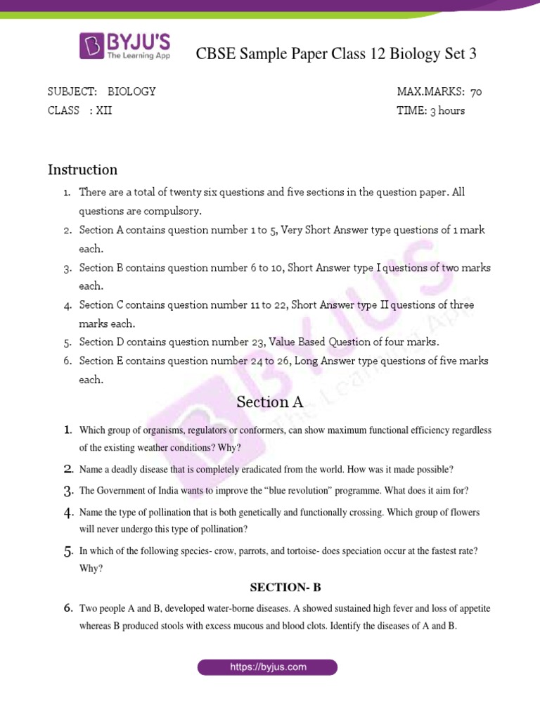 CBSE Sample Paper Class 12 Biology Set 3 | PDF | Gene | Allele