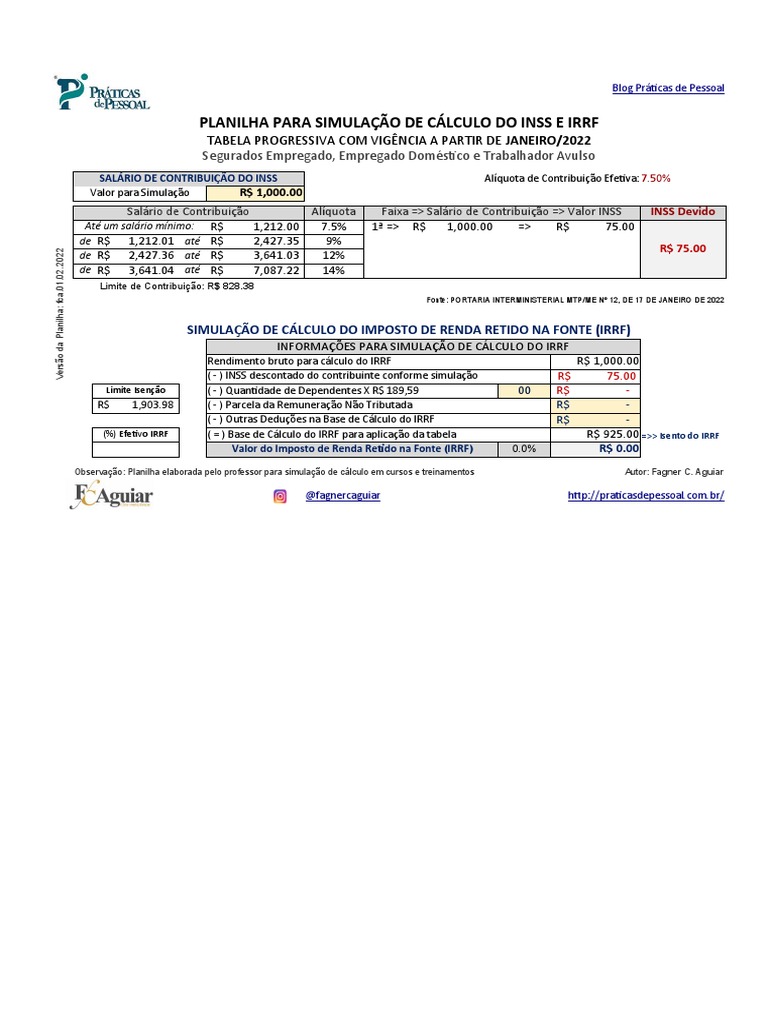 Planilha para simulação de cálculo do INSS e IRRF: Tabelas progressivas ...