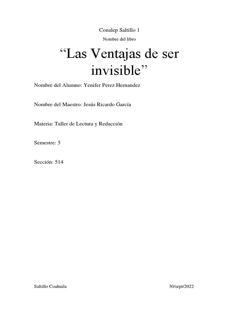 Sintesis Las Ventajas de Ser Invisible | PDF