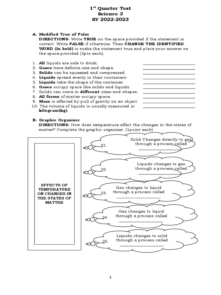 1st Quarter Test Science 3 2022-2023 Ragy | PDF | Liquids | Gases