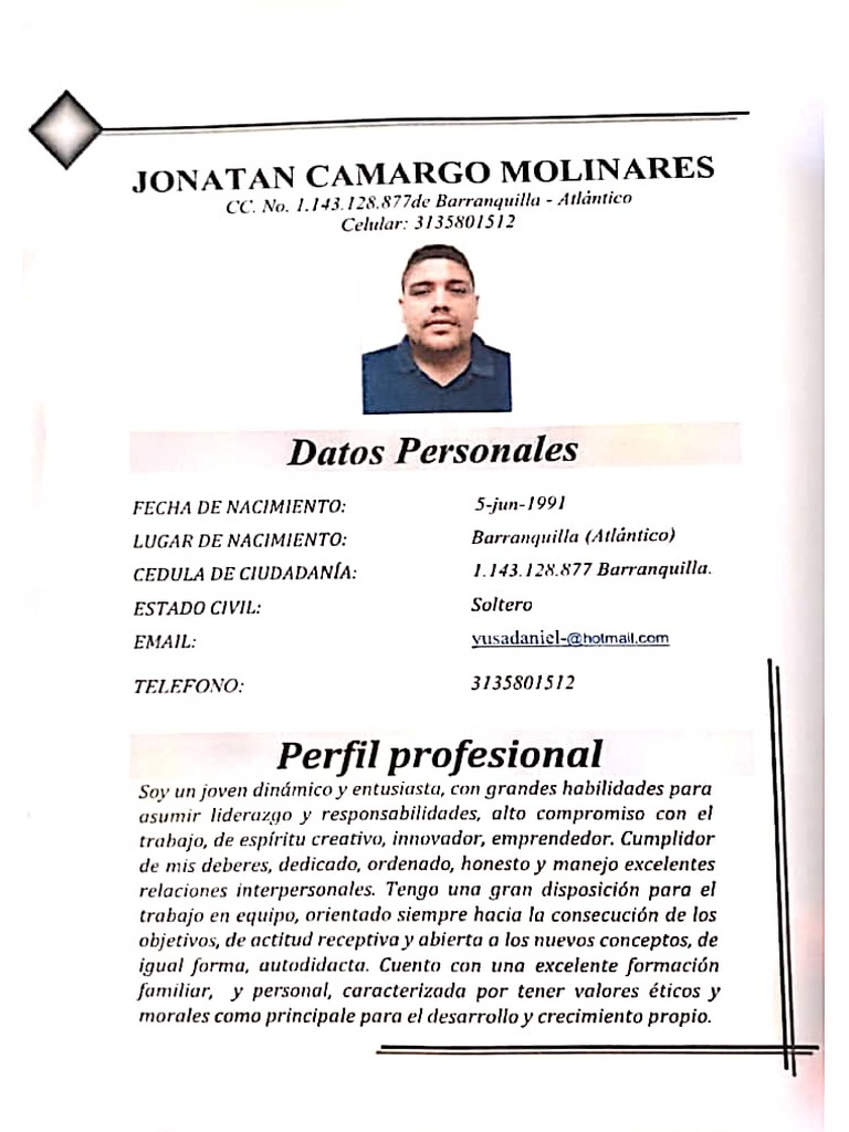Hoja de Vida Jonathan Camargo | PDF