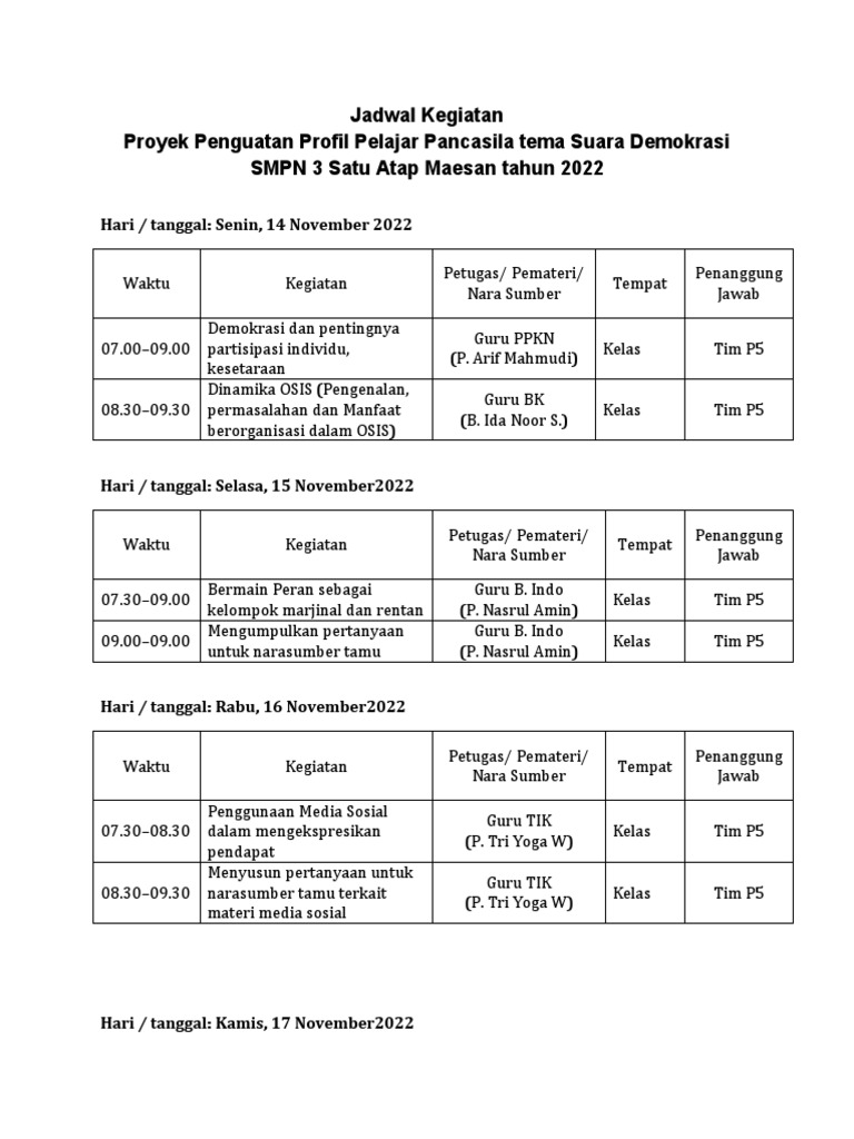 Jadwal Kegiatan P5 | PDF