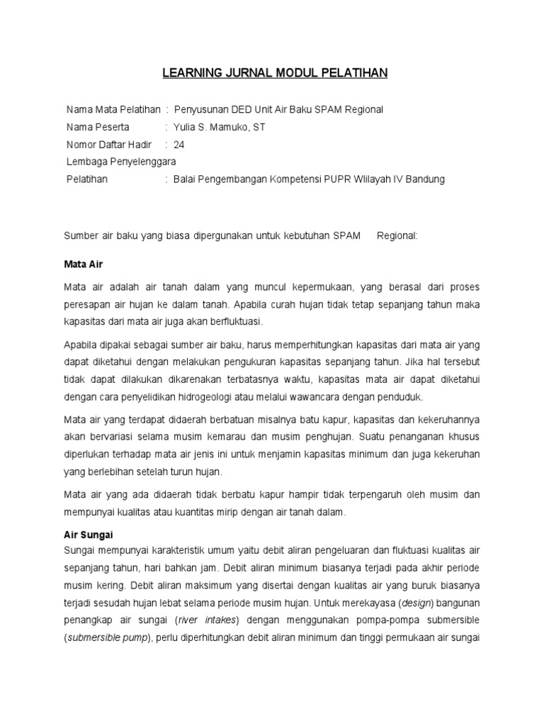 LEARNING JURNAL 3 Penyusunan DED UNIT AIR BAKU SPAM Regional | PDF ...