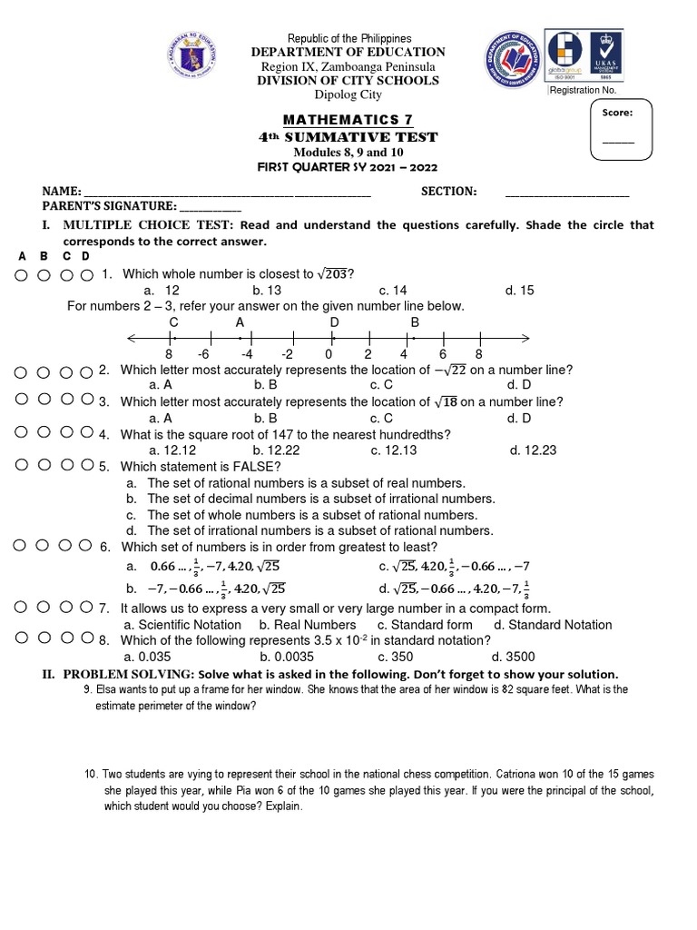 Math7 Q1 SummativeTest Module-8-9-10 | PDF | Numbers | Mathematics