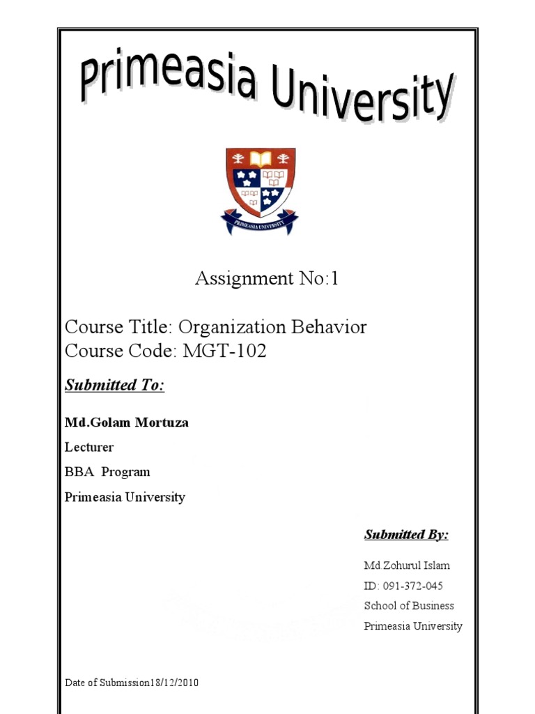 Organization Behavior Assignment MGT-102 | PDF