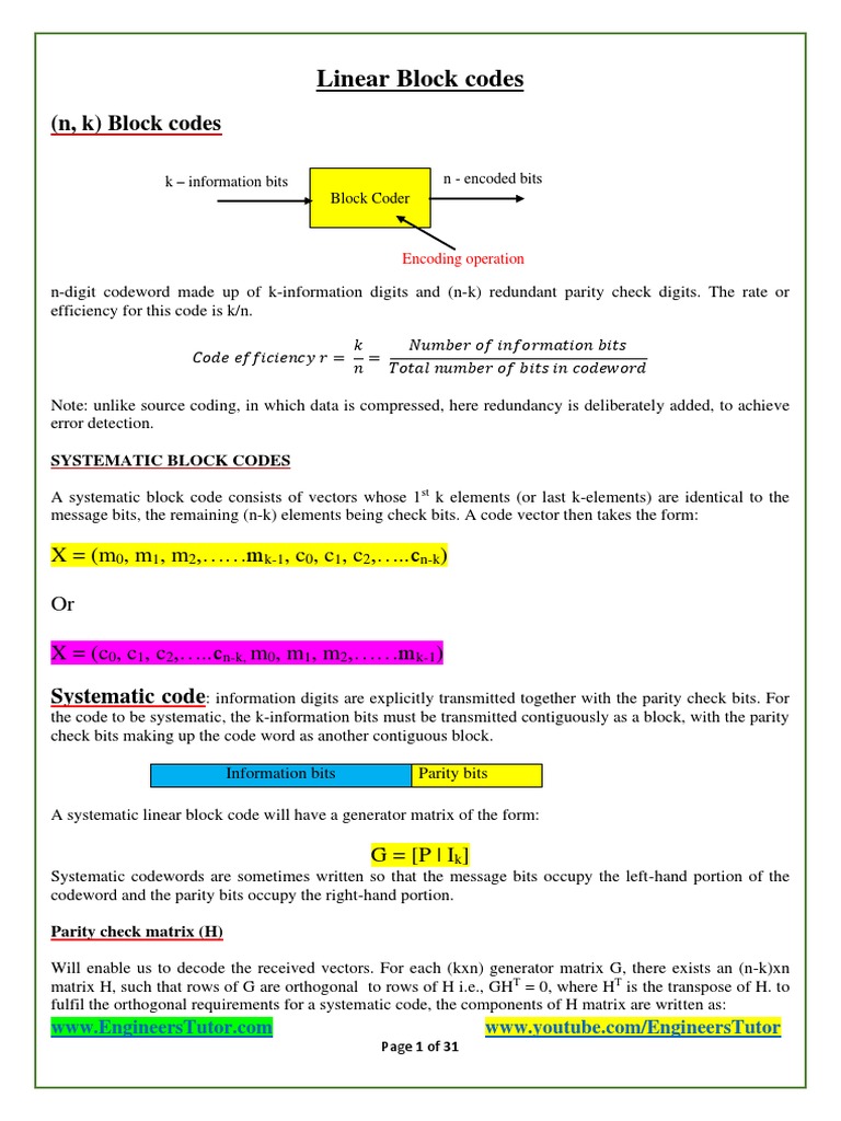 Linear Block Codes Complete Chapter Notes Pdf Encodings Naming Conventions 0583