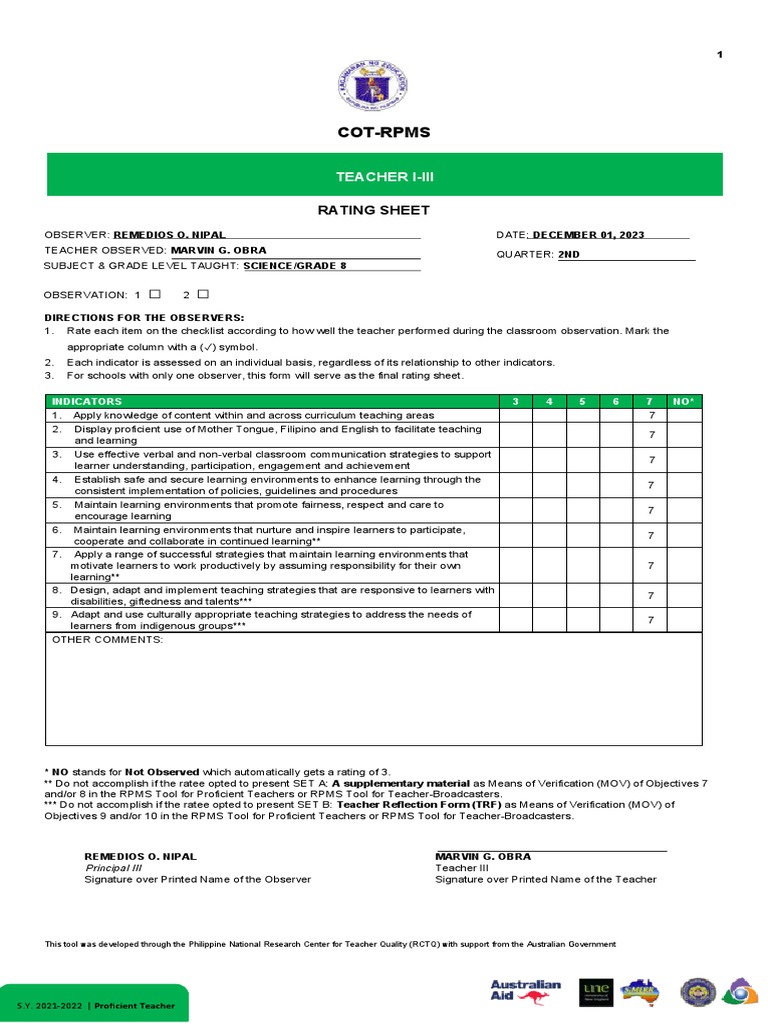 Appendix 3C COT RPMS Rating Sheet For T I III For SY 2021 2022 in The ...