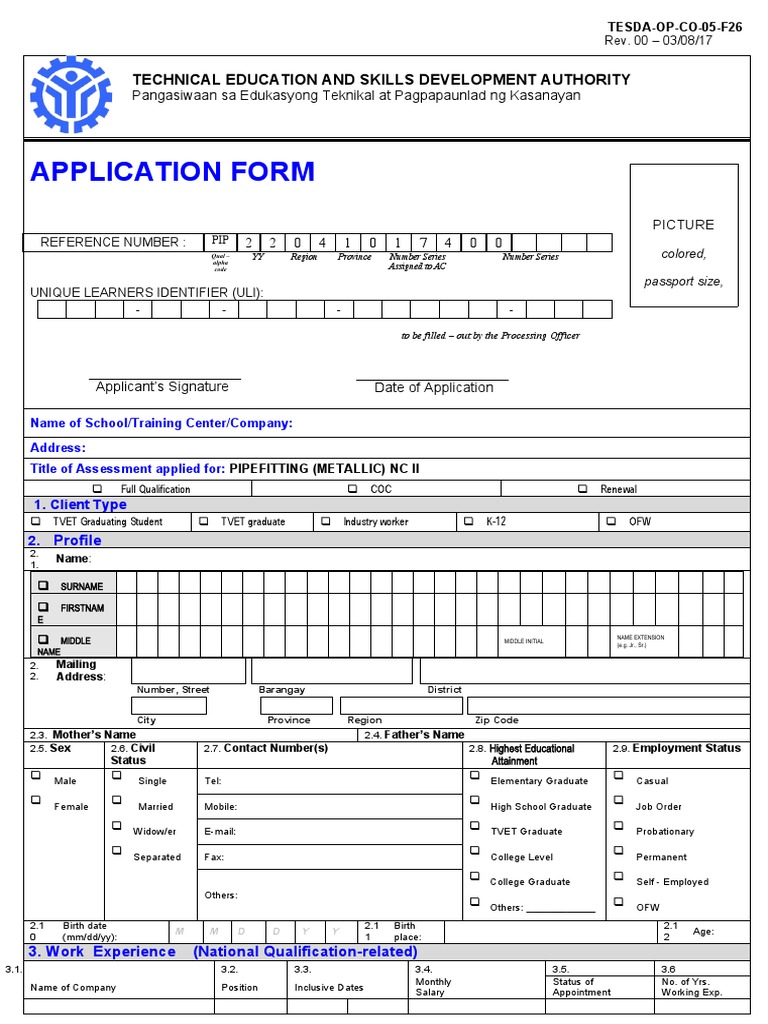 TESDA OP CO 05 F26 Application Form 1 | PDF