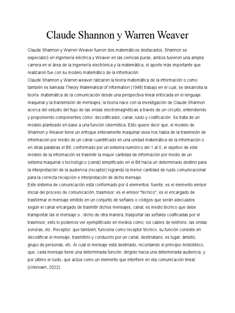 Claude Shannon y Warren Weaver | PDF | Comunicación | Informática