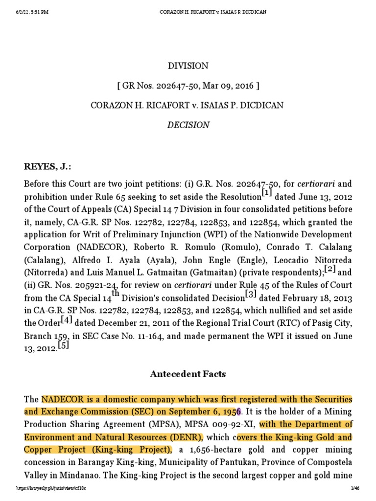 Ricafort vs. Dicdican | Download Free PDF | Injunction | Complaint